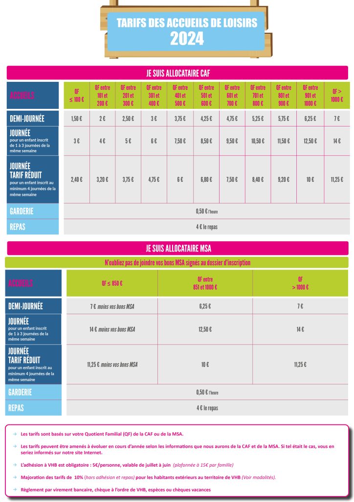 TARIFS ACCUEILS DE LOISIRS - VHB